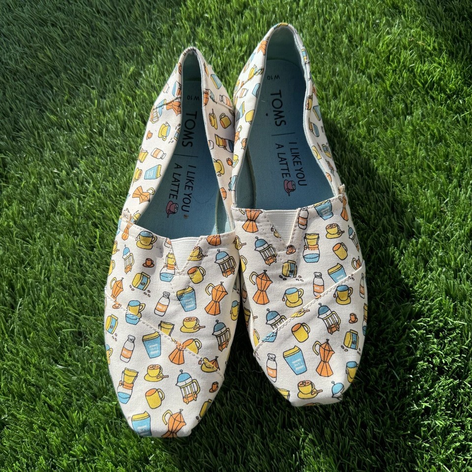Toms Morning Coffee Print Classic Flat Shoes Loafer Slip On White ...