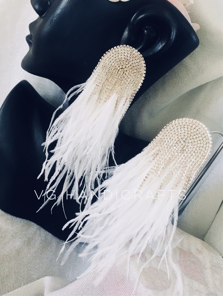 Sale! Beaded Exclusive Long Feather Rhinestone Shiny Earrings All ...