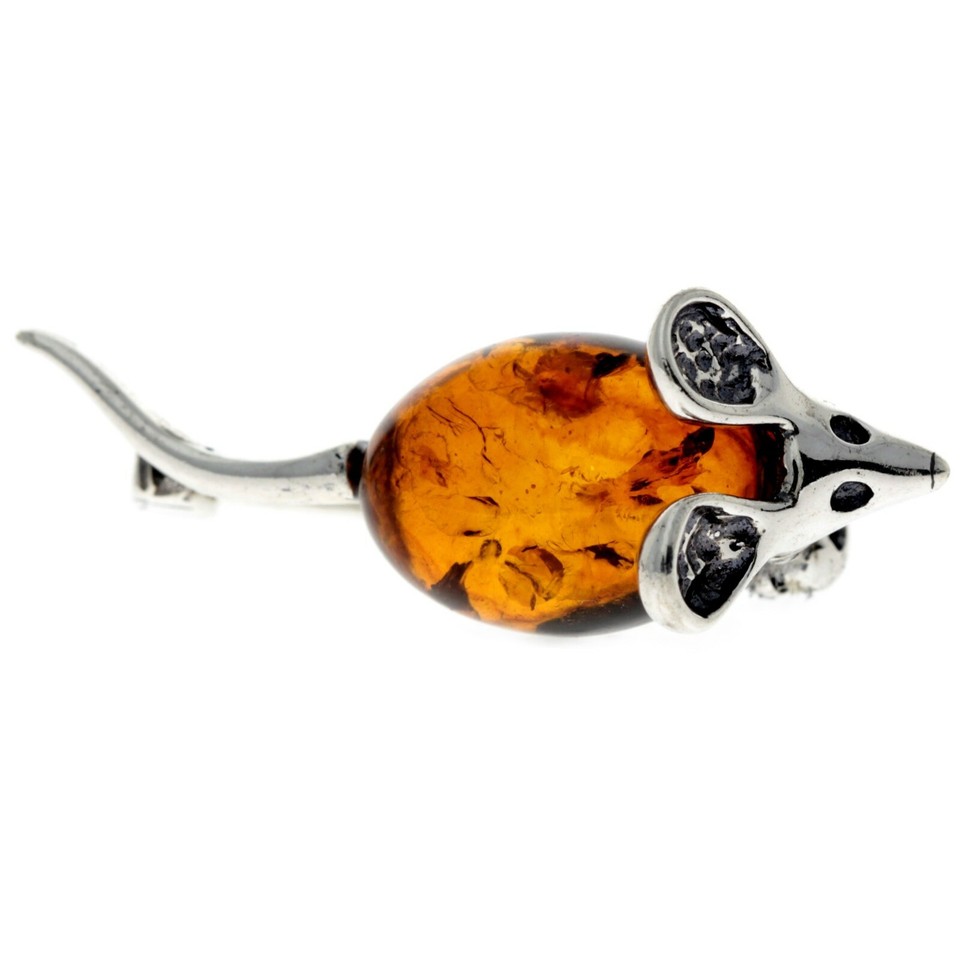 CERTIFIED 925 Sterling Silver Genuine Baltic Amber Little Mouse Brooch ...