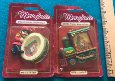 VTG 2 MERRY BRITE Photo Frame Decoration Ornaments- DRUMMER, TOY TRAIN ...