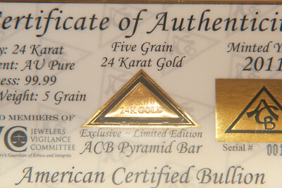 GOLD ACB PYRAMID 5GRAIN 24K SOLID BULLION ~ BAR 9999 FINE With COA$ | eBay