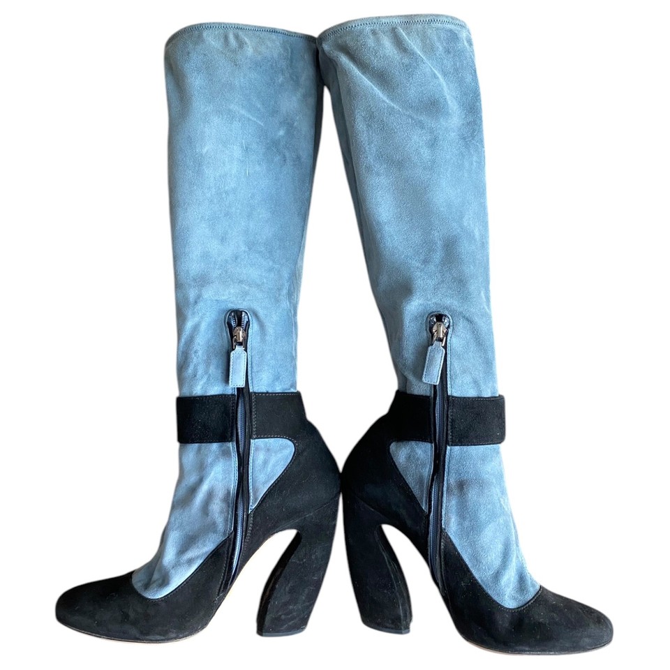 PRADA Mary Jane Illusion Black & Blue Suede Knee High Boots, Size 37 | eBay