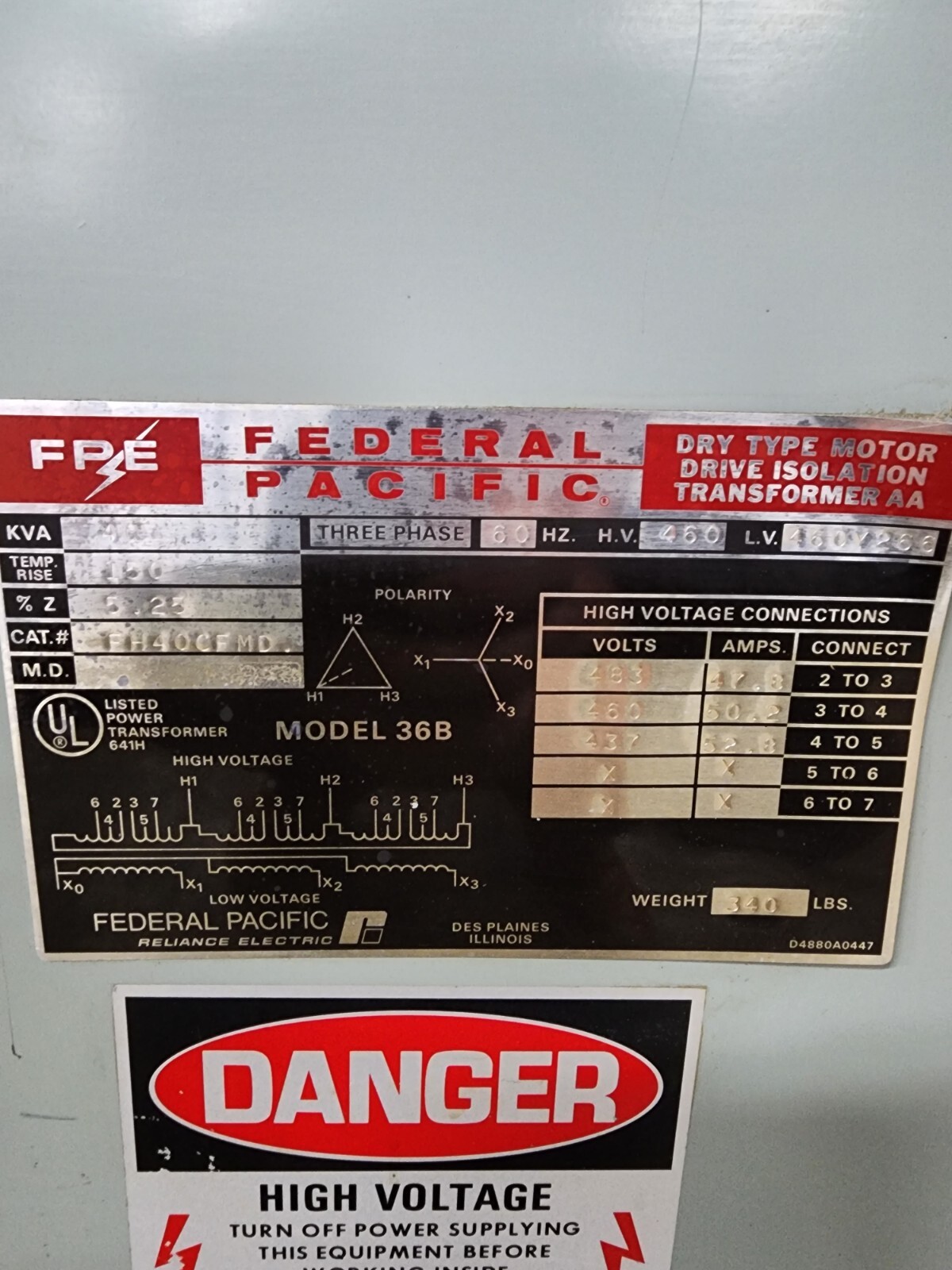 Federal Pacific 3 Phase Transformer 40KVA 36B FH40CFMD 460V 460/266 ...