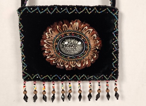 Black small purse coin bag w feather design velvet beaded purse indian ...