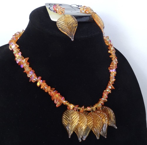 Fall Leaf Amber Art Glass Beaded Chips Handmade Necklace & Pierced ...