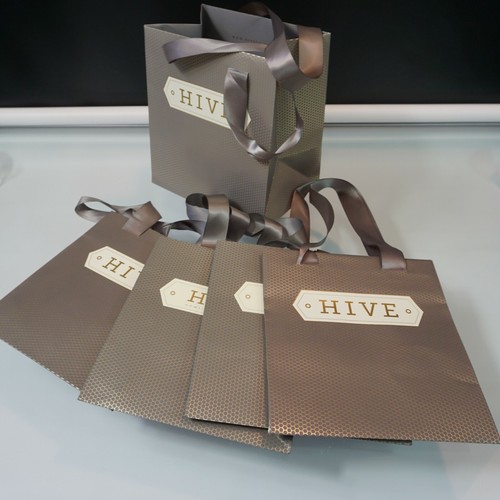 5 Paper Gift Bags Hive Boutique Store Totes Rope Handles Gray Gold | eBay