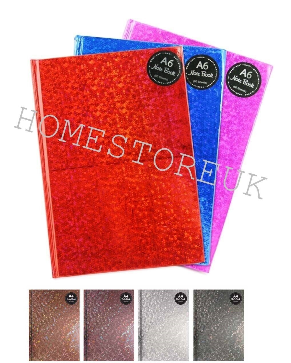 A4/5/6 HOLOGRAPHIC 120 PAGE HARD BACK BOOK NOTEBOOK SHINY NOTEPAD RED ...