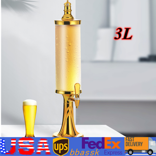 3L Beer Tower Dispenser w/Ice Column Gold LED Drink Dispenser for Party ...