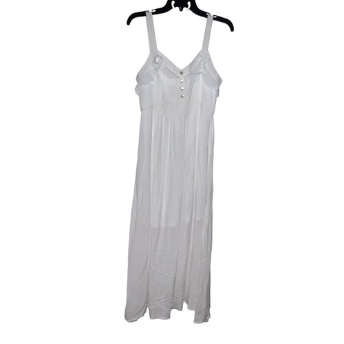 DOE & RAE WHITE SLEEVELESS SUMMER MAXI DRESS BUTTON RUFFLE V NECK SIZE ...