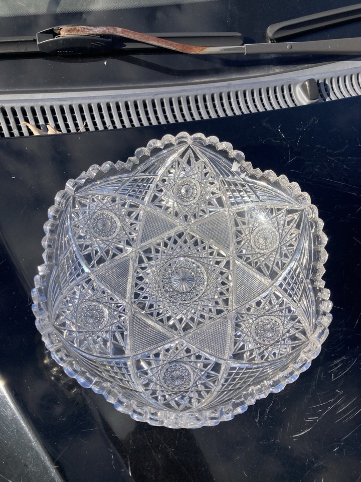 9” ABP cut glass Shallow Bowl Deep Miter Cuts Stunning 2” Deep | eBay