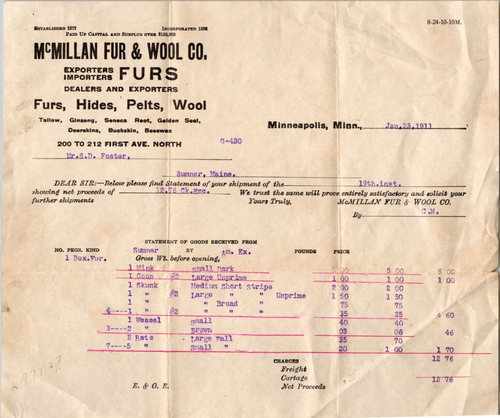 McMillan Fur & Wool Minneapolis MN 1911 Billhead Prices Mink Skunk ...