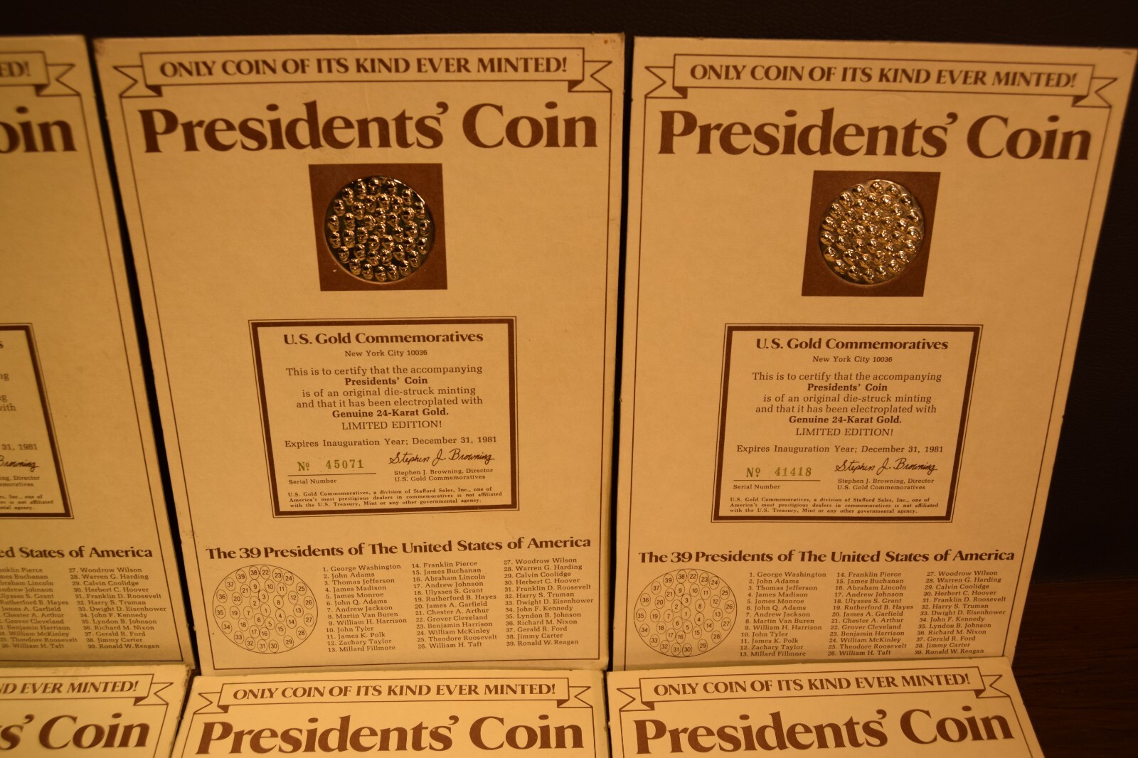 9 1981 39 PRESIDENTS OF THE UNITED STATES Coin U.S. Gold Plate ...