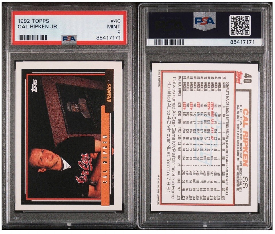1992 TOPPS CAL RIPKEN JR. #40 PSA 9 MiNT W/ LOU GEHRIG BALTIMORE ...