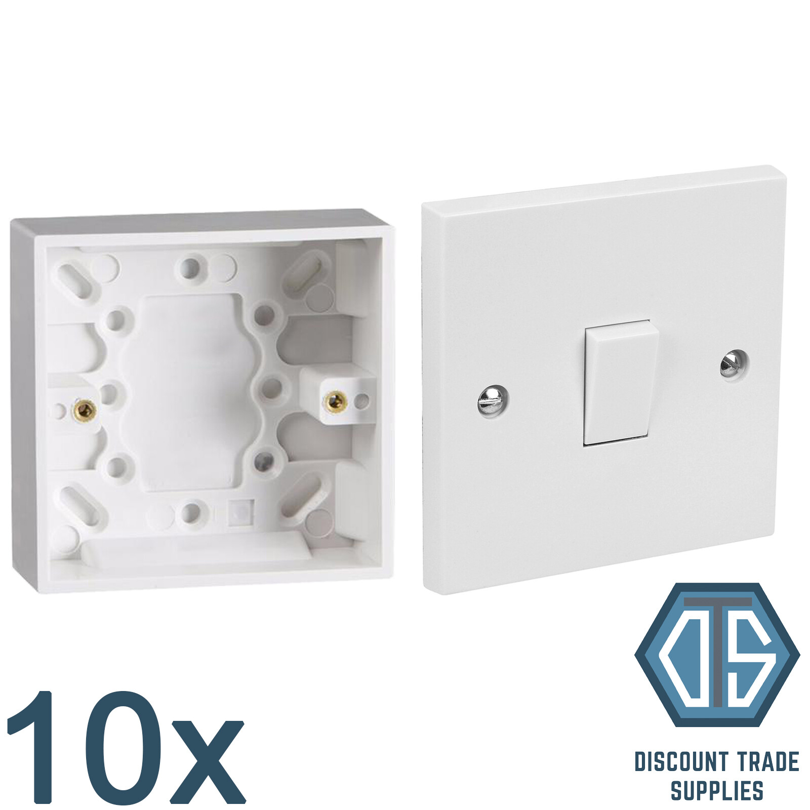 Single Light Switch 1 Gang 2 Way 10A White & 25mm Surface Pattress Back ...