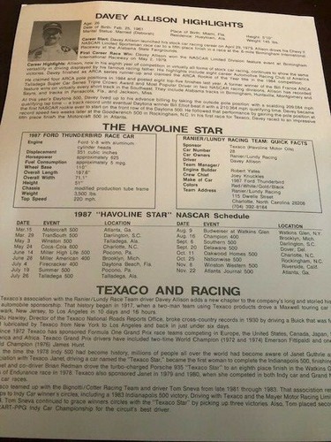 Davey Allison Autographed 1987 RARE VINTAGE Texaco Havoline Ford TBird ...