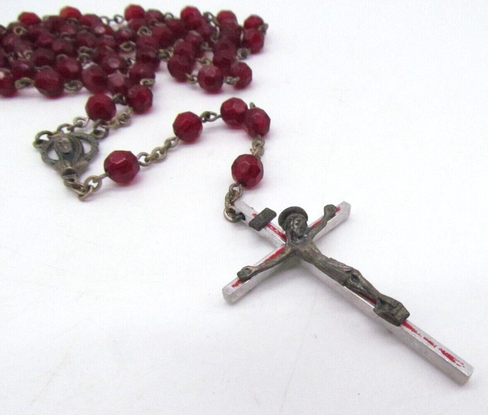 Vintage Catholic Creed Crucifix Rosary Silver Tone Red Ruby Beads | eBay