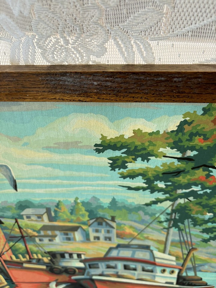 VTG MCM Paint By Numbers Painting Dock Harbor Boat Seagulls Water ...