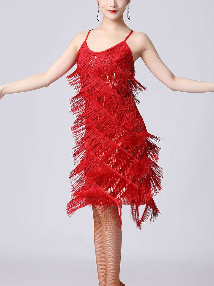 Women Sequins Fringe Tassel Flapper Dress Samba Chacha Tango Latin ...