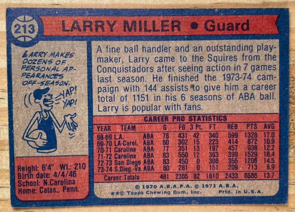 1974-75 TOPPS LARRY MILLER CARD#213 NORTH CAROLINA TAR HEELS SQUIRES ...