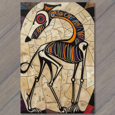 POSTCARD Dog Surreal Skeleton Black Cubist Abstract Art Spiral Eyes ...