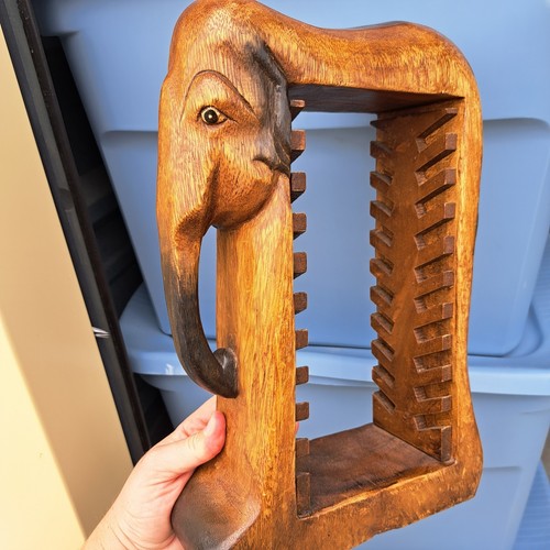 Wooden ELEPHANT CD Rack Stand Hand Carved Holds 20 Art Deco 14" Kitschy ...