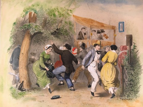 Hand-Colored Lithograph Teichel Dancing People Music Band Dog Party ...