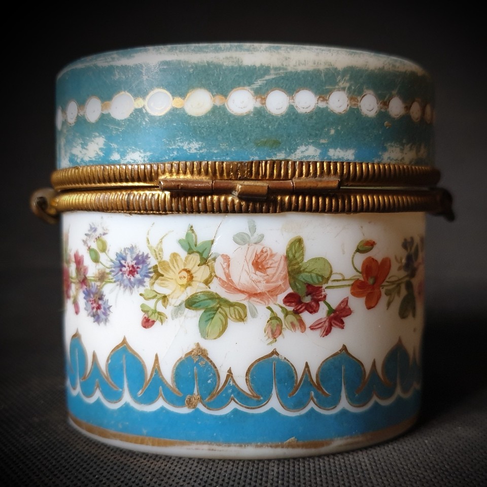 French Oval White Opaline Glass Box – Hand-Painted Florals, Blue & Gold ...