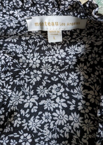 Monteau Los Angeles Women Sz L Top Black Floral Flutter Sleeve Faux