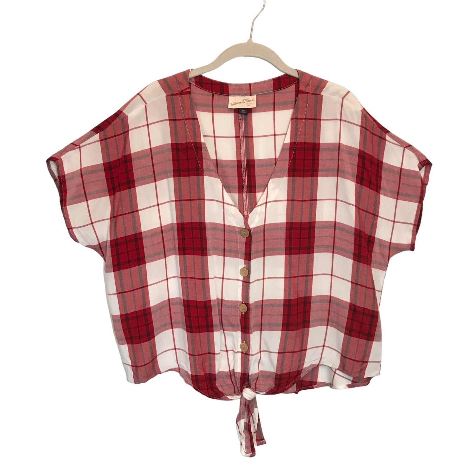 Universal Thread V-Neck Tie Front Plaid Top in Red White - Size XXL | eBay