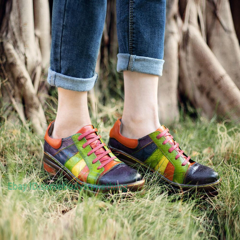 Retro Womens Flat College Shoes Color Stitching Leather Round Toe ...