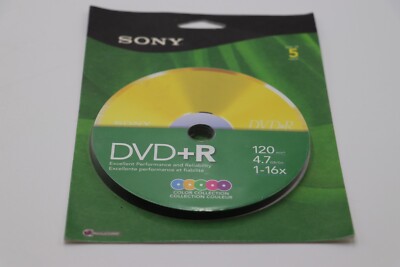 NEW Sony DVD+R 5 pack 120 minutes 1x-16x Speed 4.7 GB Color Collection ...