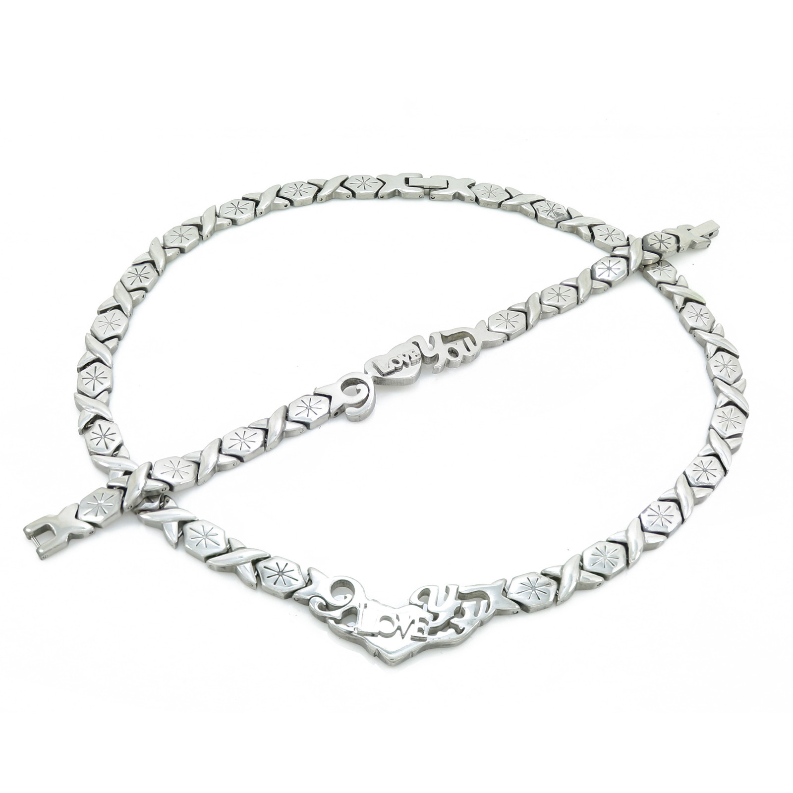 Stainless Steel Silver Tone I LOVE YOU Hugs & Kisses Set Necklace ...