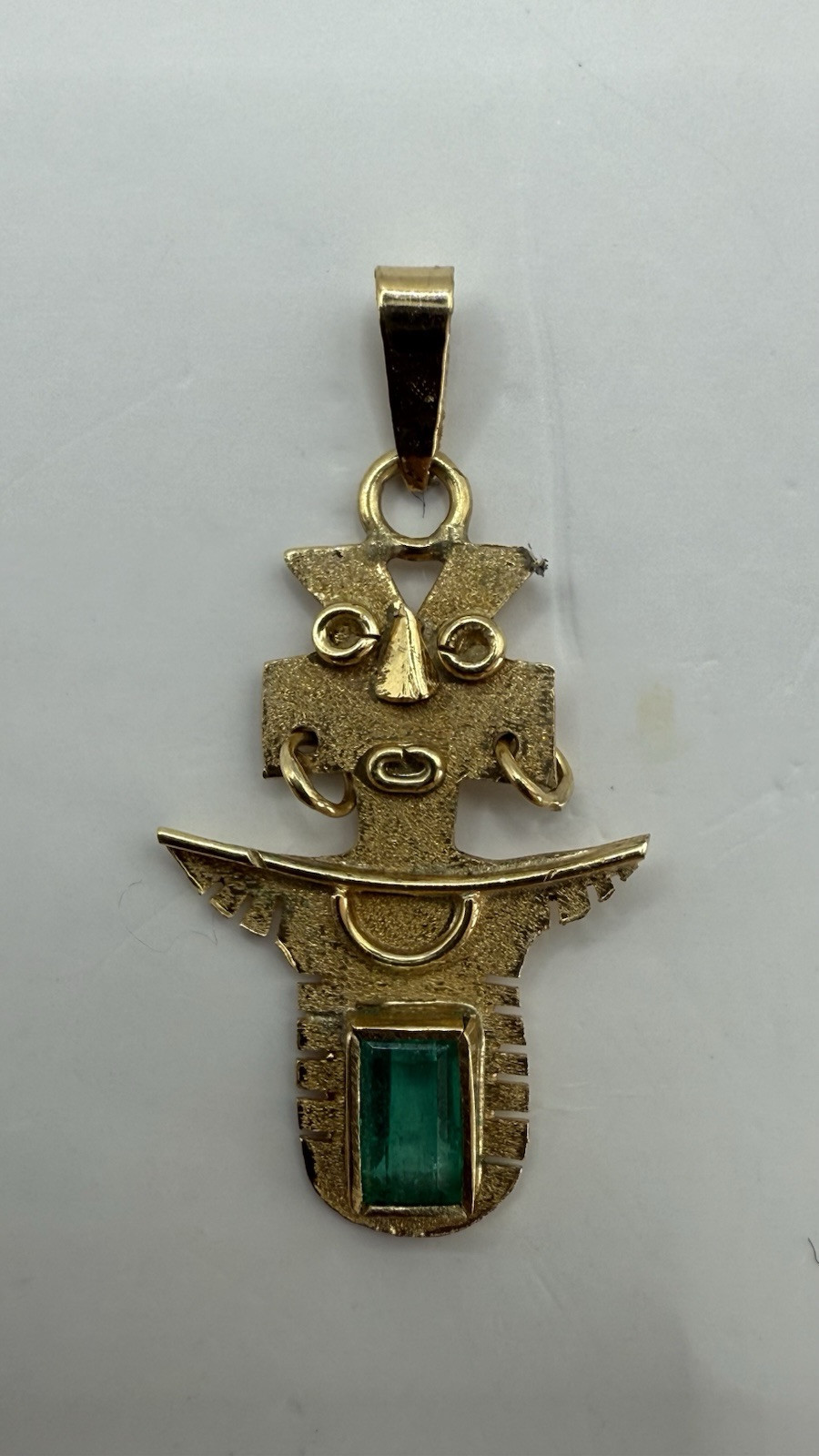18K Yellow Gold Emerald Aztec Figure Pendant - Gem