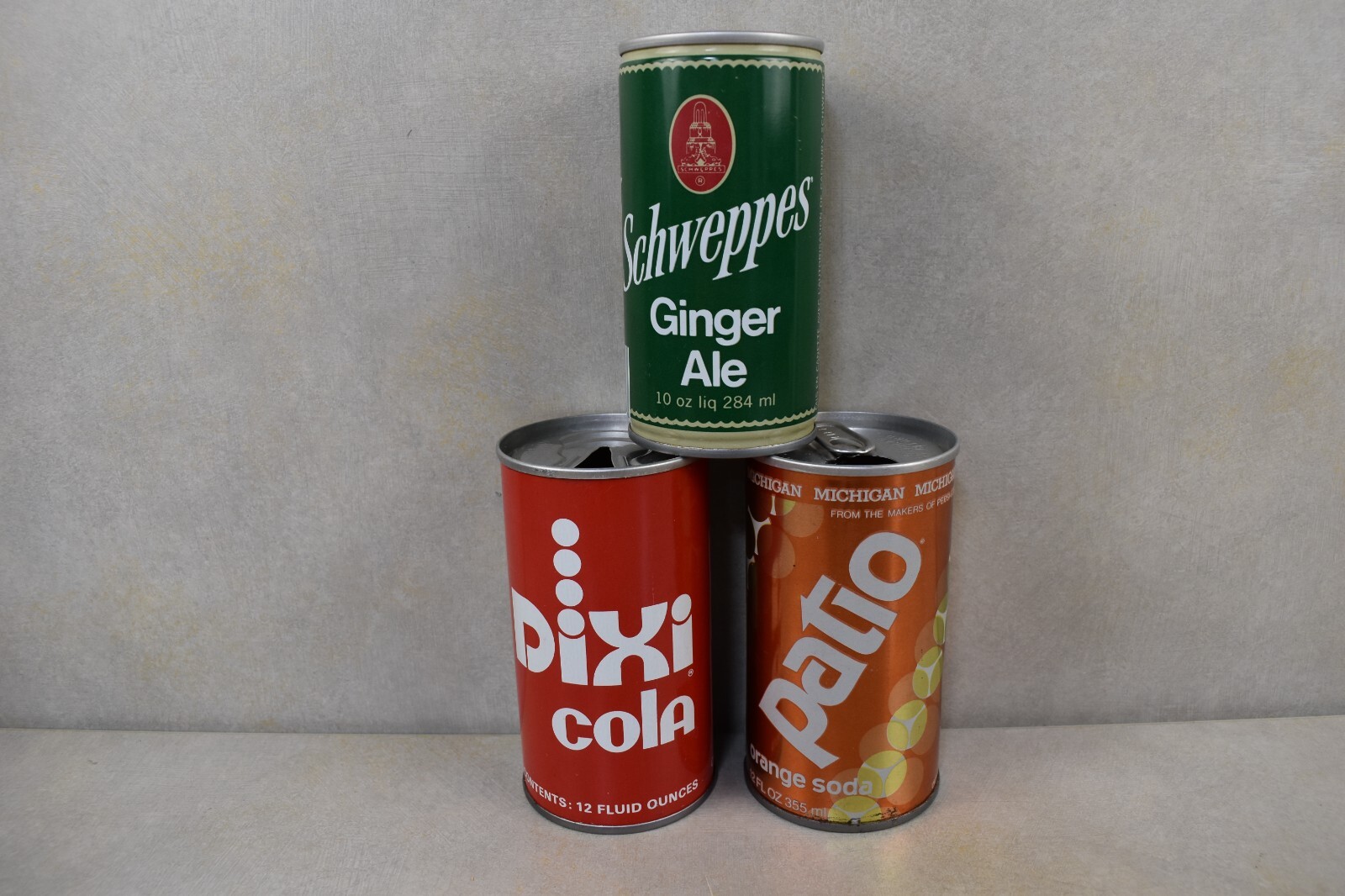 VINTAGE STEEL SODA CANS DIXI COLA, PATIO ORANGE, SCHWEPPES GINGER ALE ...
