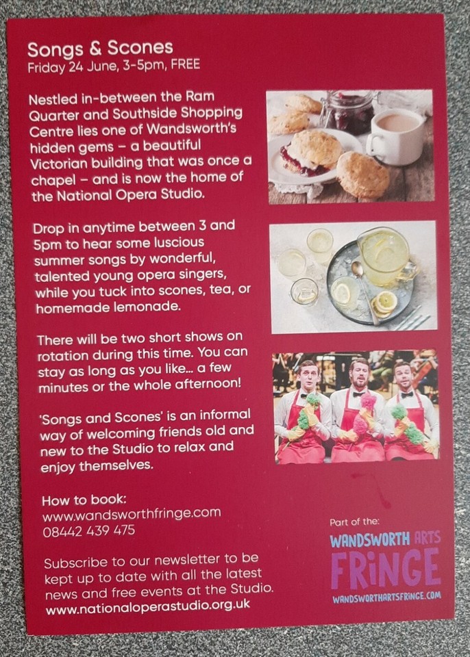 National Opera Studio Songs & Scones A5 flyer June 2022 Wandsworth Arts ...