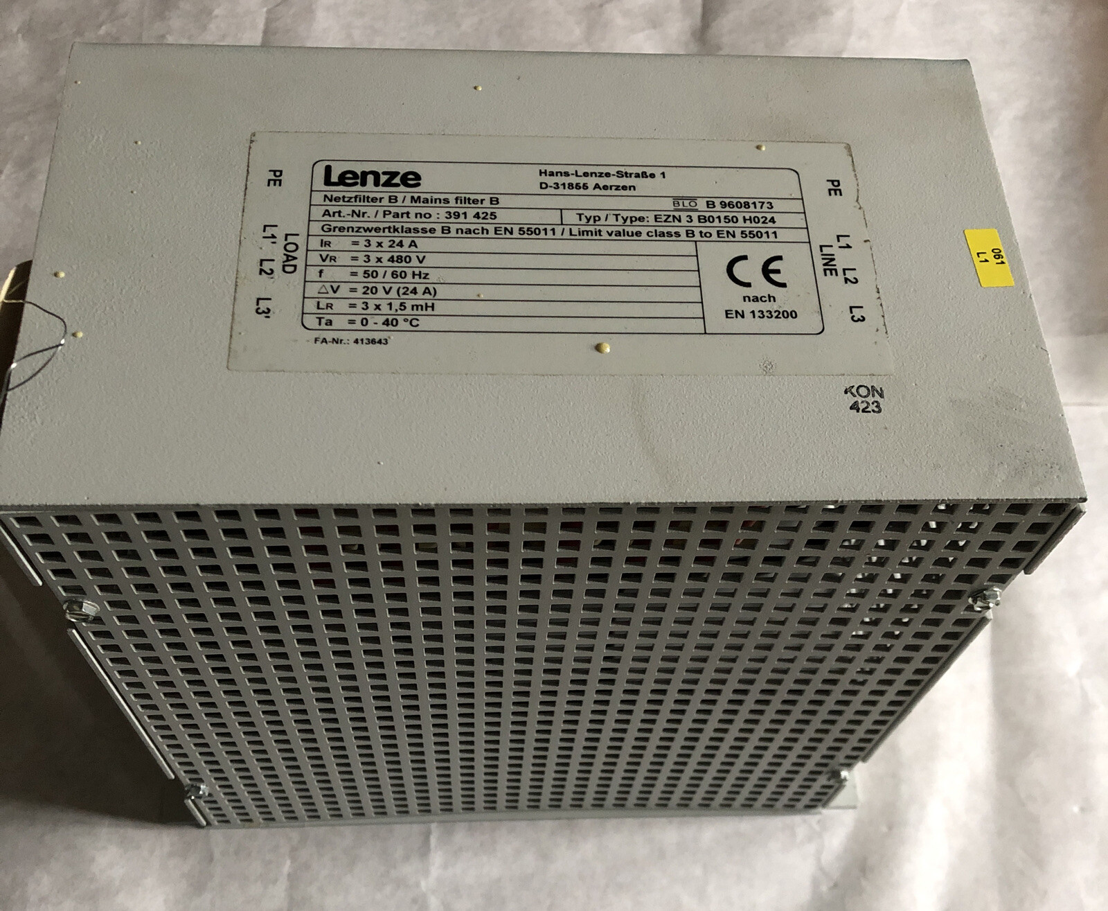 LENZE EZN 3 B0150 H024,391 425,EN 133200,D-31855 AERZEN MAIN FILTER,AP ...