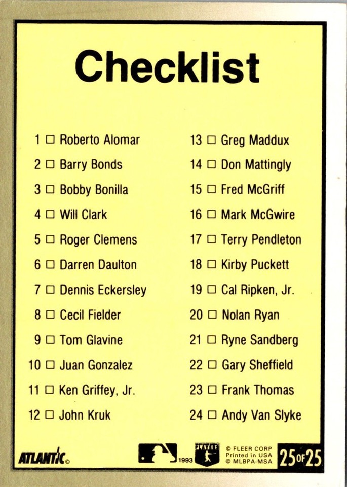 1993 Fleer Atlantic Checklist 1 - 25 #25 Baseball Card | eBay