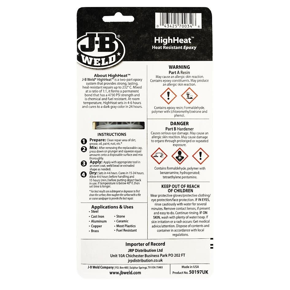 JB Weld High Heat Epoxy Resin Syringe Heat Resistant Multi Purpose Sets ...