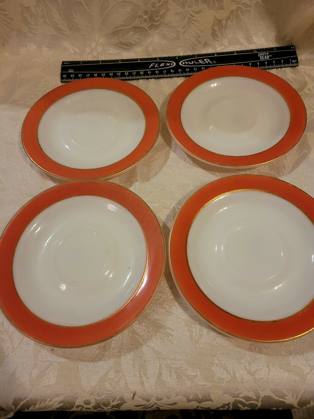 VINTAGE PYREX MILK GLASS DINNERWARE GOLD TRIM RED SAUCER 6IN SET OF 4 ...
