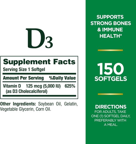 Nature's Bounty Vitamin D3, Immune and Bone Support, 5000IU, Rapid ...