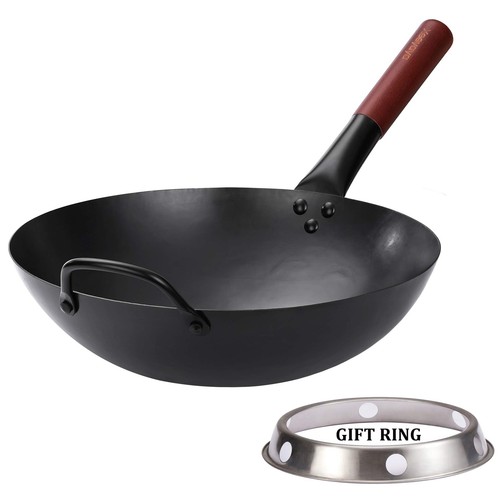 Carbon Steel Wok Pan with Ring, Chinese Woks and Stir Fry Pans, 14 ...