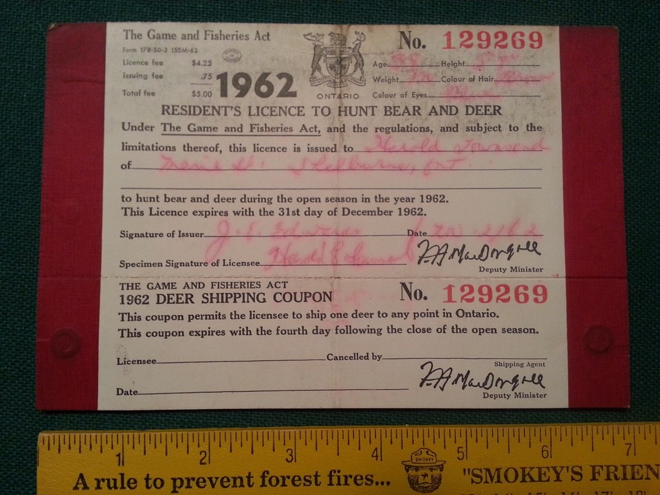 1962 Ontario Bear Hunting License + Deer Lands & Forests Game Fisheries ...