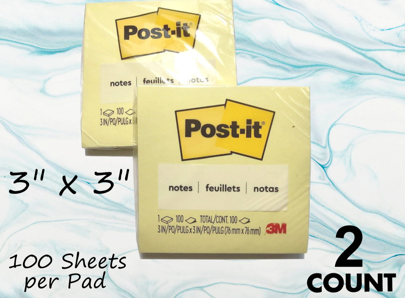 2ct ~ Post-it Note Pads ~3"x3" Inch ~100 Sheets/pad ~Canary Yellow ...
