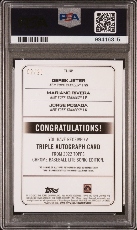 2022 Topps Chrome Sonic Jeter Rivera Posada #JRP Triple Auto 02/20 PSA ...