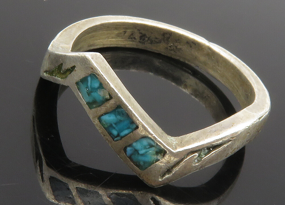 925 Sterling Silver - Vintage Inlaid Turquoise Pointed Band Ring Sz 6.5 ...