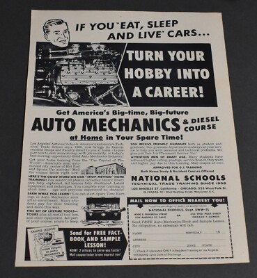 1955 Print Ad Auto Mechanics & Diesel Course Hobby into Career National ...