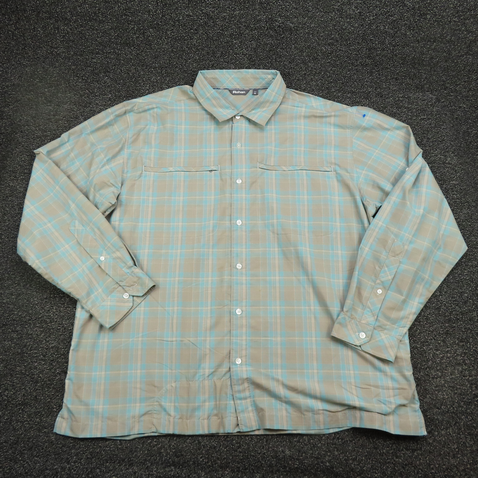 Rohan Shirt Adult 2XL XXL Gray & Blue Plaid Button Up Long Sleeve Mens ...