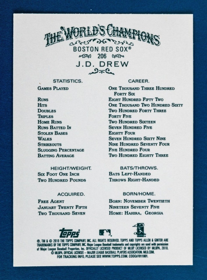 JD Drew #206 (2010 Topps Allen & Ginter's) Baseball Card, Boston Red ...