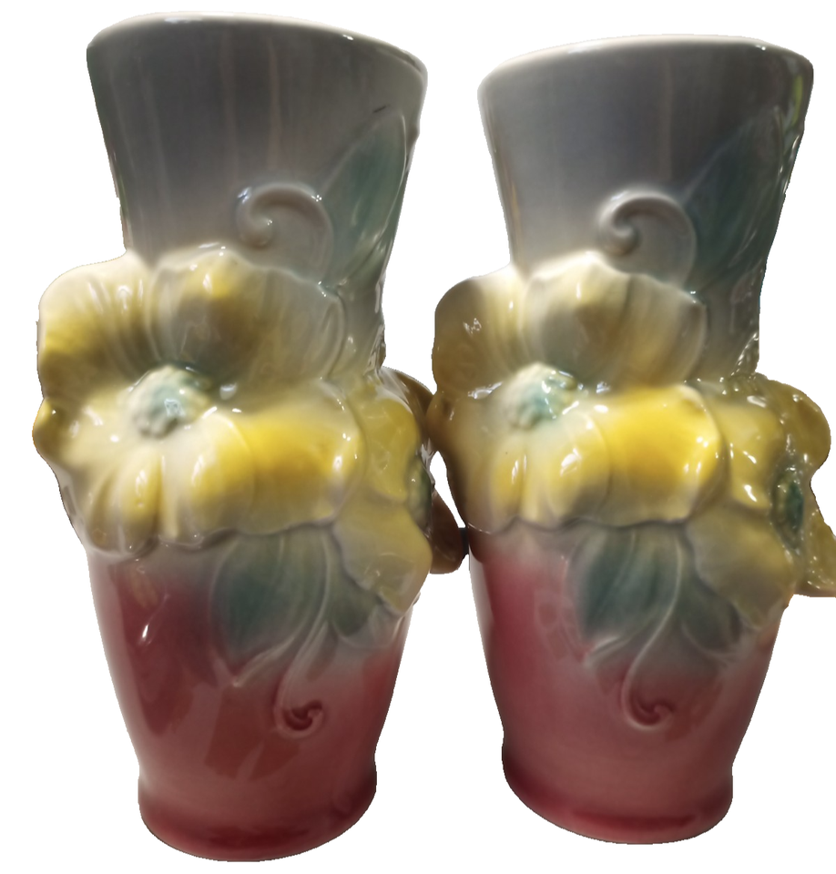 Vintage Royal Copley Pair of 7" Vases Pastel Colors 3D Floral Design | eBay