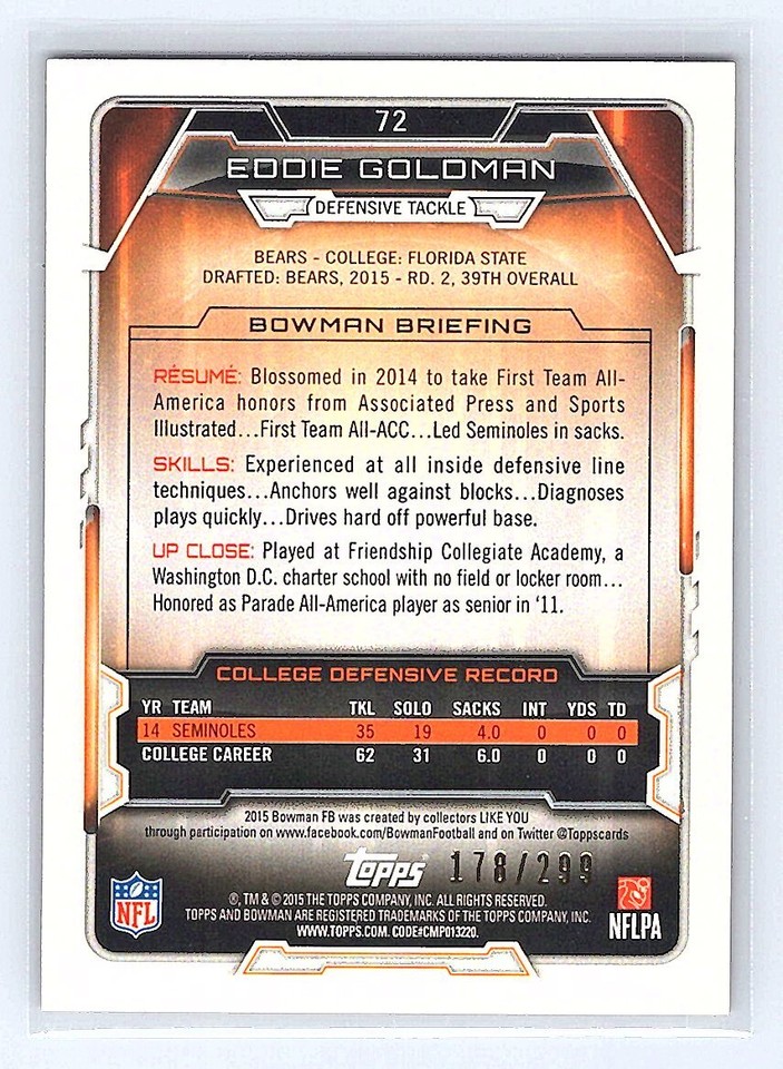 2015 Bowman #72 Eddie Goldman Rookies Orange MT/NRMT | eBay